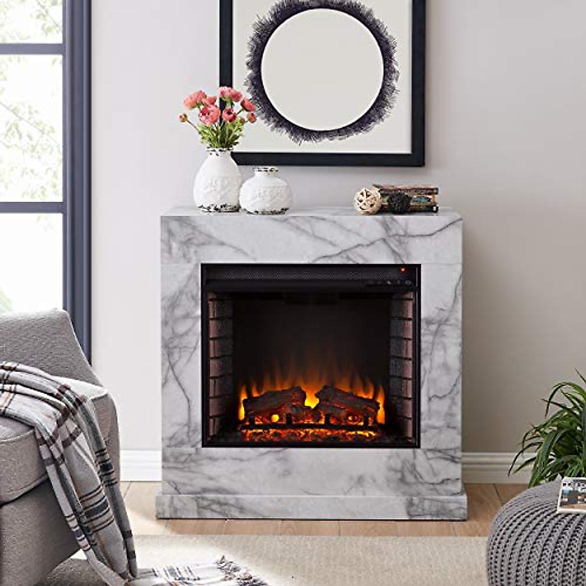 SEI Furniture Dendale Faux Marble Electric Fireplace, White-Gray Veining
