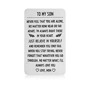 Accoliamber Stainless Steel Heart Wallet Insert Card for Son - 16, 18, 20, 21 Years - Birthday, Christmas, Graduation, Valentine's Day