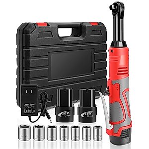 FAHKNS 18V Extended Cordless Ratchet Wrench 3/8 Electric Wrenches Set 45 ft-lbs (60 N.m) 400RPM Power,2 Battery 2.0Ah Lithium-Ion,7 Sockets (10/11/12/13/14/15/17mm) And Charger,Variable Speed Trigger