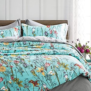 Eikei Vintage Botanical Flower Print Bedding 400tc Cotton Sateen Romantic Floral Scarf Duvet Cover 3pc Set Colorful Antique Drawing of Summer Lilies Daisy Blossoms (Twin, Blue)