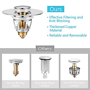 Universal Bathroom Sink Stopper in Brass, 1.04-1.97 Inch Pop Up Basin Sink Drain Stopper, Sink Drain Strainer with Anti Clogging Filter Hair Catcher