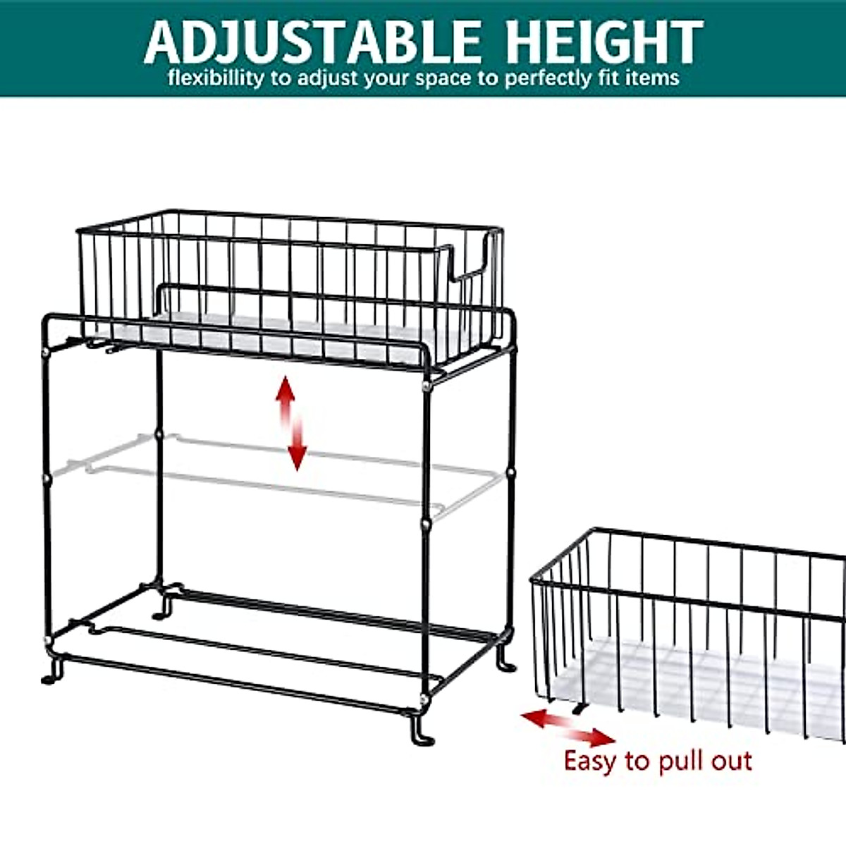 SUFAUY 2 Pack Stackable 2-Tier Under Sink Cabinet Organizer with Sliding Drawer for Pantry Organization or Kitchen Storage, Black