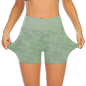 Aonour Camo Running Shorts for Women Lightweight High Waist Butt Curvy Workout Yoga Hiking Cycling Shorts Bean Green L