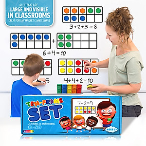 Magnetic Ten Frame Set: 8 Durable Ten-Frames + 100 Colorful Counters + 80 Math Flash Cards + 10 Dice - Addition & Subtraction - Math Manipulatives Kit for Home, Kindergarten & Elementary Teachers