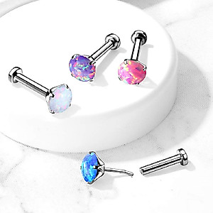 Pierced Owl 16-20GA G23 Implant Grade Titanium Threadless Push-in Prong Set Synthetic Opal Barbell Stud (White, 18GA / 3mm Ball)