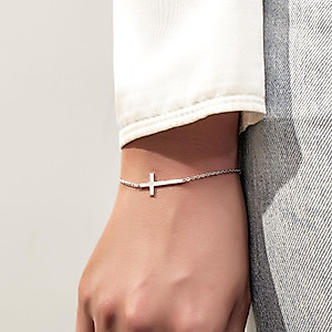 CHIC & ARTSY Cross Bracelet 925 Sterling Silver Sideways Cross Christian Bracelets for Women Faith Catholic Bracelet Religious Bracelets Adjustable