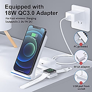 Wireless Charger 3 in 1 Wireless Charging Station Qi Fast Charger Stand for iPhone 13/12/11/Pro/Max/XR/XS/XS Max/X /8/8 Plus, Apple Watch, Airpods 2/Pro, Samsung Galaxy Phone with 18W Adapter, White