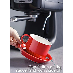 Sweese 8 Ounce Porcelain Stackable Cappuccino Cups with Saucers and Metal Stand - for Specialty Coffee Drinks, Cappuccino, Latte, Americano and Tea - Set of 4, Red