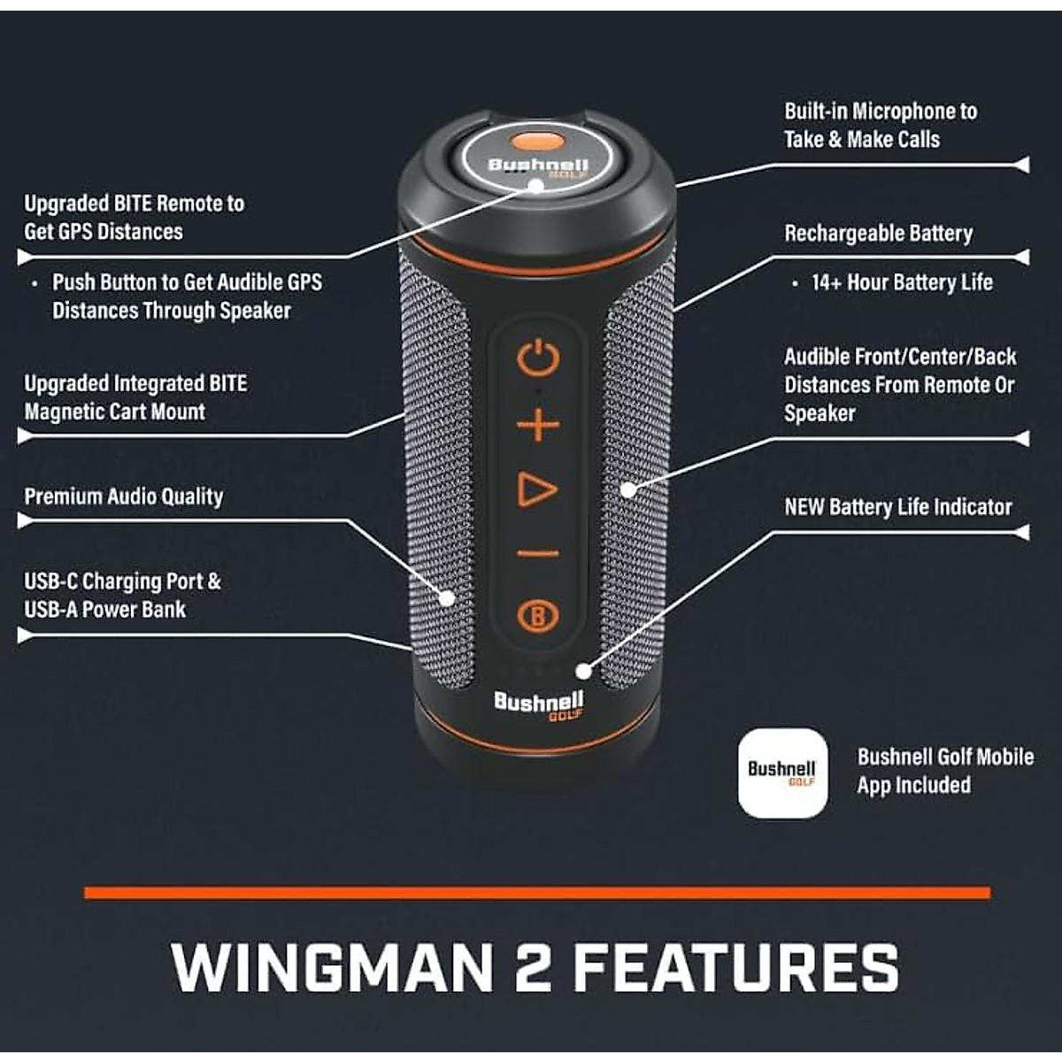Bushnell Wingman 2 GPS Bluetooth Speaker with Included Wearable4U Ultimate Black Earbuds with Power Case and Wall/Car Chargers Bundle