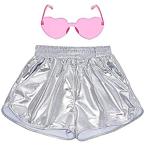 Bskifnn Metallic Shorts for Girls Sparkly Hot Dance Pants with Heart Shape Sunglasses (as1, Age, 6_Years, 7_Years, Sliver)