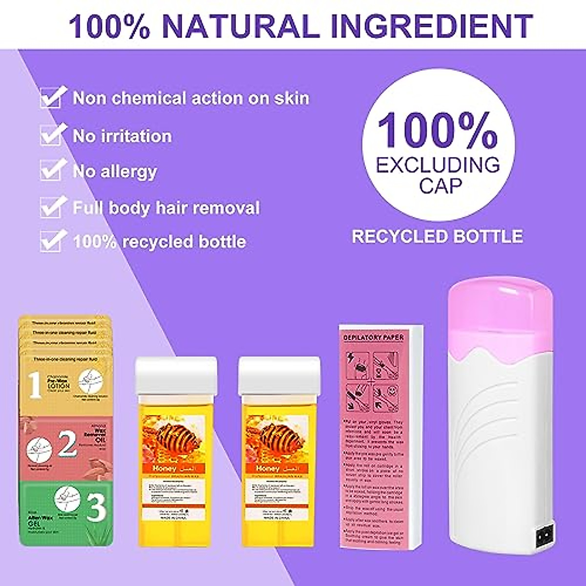 Roll on wax,Waxing Roller Kit,Cera para depil,Wax Roller Kit for Hair Removal, Include 2 Honey Soft Wax Cartridge & 100 Non-Woven Wax Strips, Portable Purple Wax Heater Machine for Women & Men
