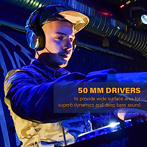 OneOdio Over Ear Headphone, Wired Bass Headsets with 50mm Driver, Foldable Lightweight Headphones with Share Port and Mic for Recording Monitoring Mixing Podcast Guitar PC TV (Dark Blue)