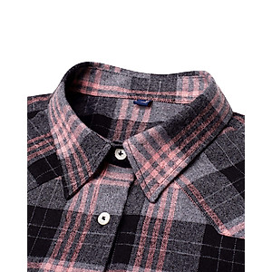 Alimens & Gentle Womens Plaid Flannel Shirts Long Sleeve Roll Up Casual Button Down Shirt Pink Grey