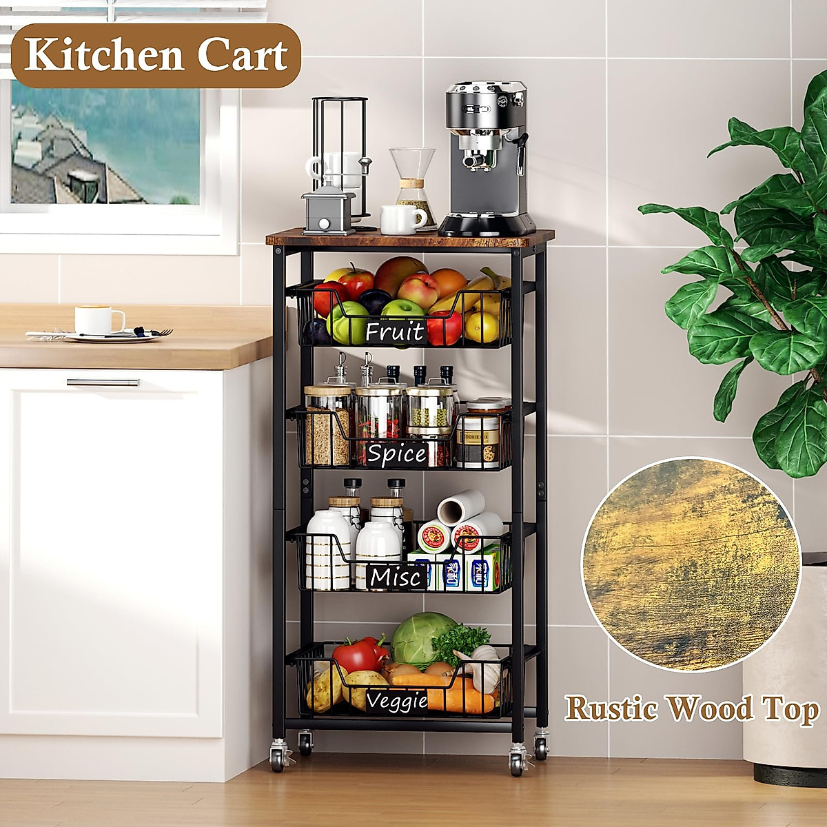 OKZEST Fruit Basket, 5-Tier Utility Kitchen Organizer and Storage Cart with Pull-Out Baskets and Wood Top, Rolling Pantry Kitchen Cart on Wheels for Fruit Potato Onion Vegetable Snack Produce