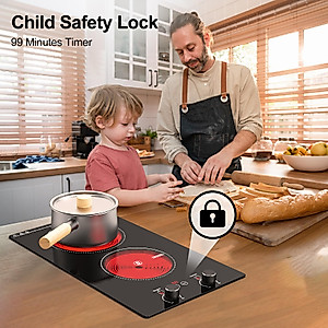 Electric Cooktop,110V 2400W Electric Stove Top with Knob Control, 11 Power Levels, Kids Lock & Timer, Hot Surface Indicator, Overheat Protection,Built-in and Countertop 2 Burner Electric Cooktop