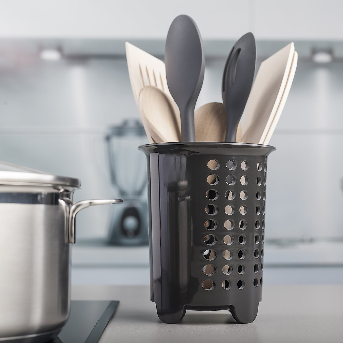 Zeal G231T Melamine Cutlery Drainer/Utensil Pot Dark Grey, 14 x 14 x 17 cm