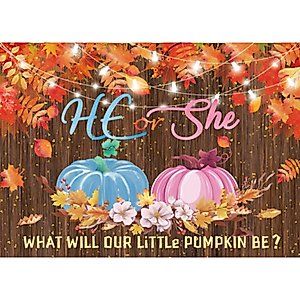 Moukeren 7 x 5 ft Fall Pumpkin Gender Reveal Backdrop He or She What Will Our Little Pumpkin Be Photography Background Party Supplies Thanksgiving Baby Shower Decoration Banner Photo Booth Props