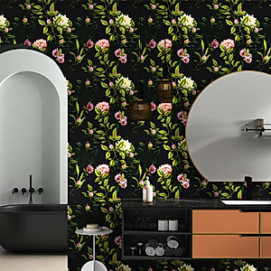 HotDecor 24"x118" Dark Floral Wallpaper Peel and Stick Pink Peony Wallpaper for Bathroom Wall Paper Waterproof Decorative Floral Contact Paper for Walls Cabinets Daisy Botanical Flower Wallpaper