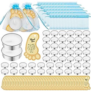 50 Sets Baby Shower Party Candles Favors for Guests, Baby Shower Gifts Tea Lights Candles with Thank You Tags & Return Gift Bags, Candles for Babyshower Souvenirs Favours Girl Boy (White)