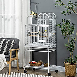 PawHut 55" Large Parrot Cage with Toy Hooks Above Top Bird Perch, Tray, Food Cups, Rolling Stand, Bird Cage for Cockatiels, Parakeets, Lovebirds