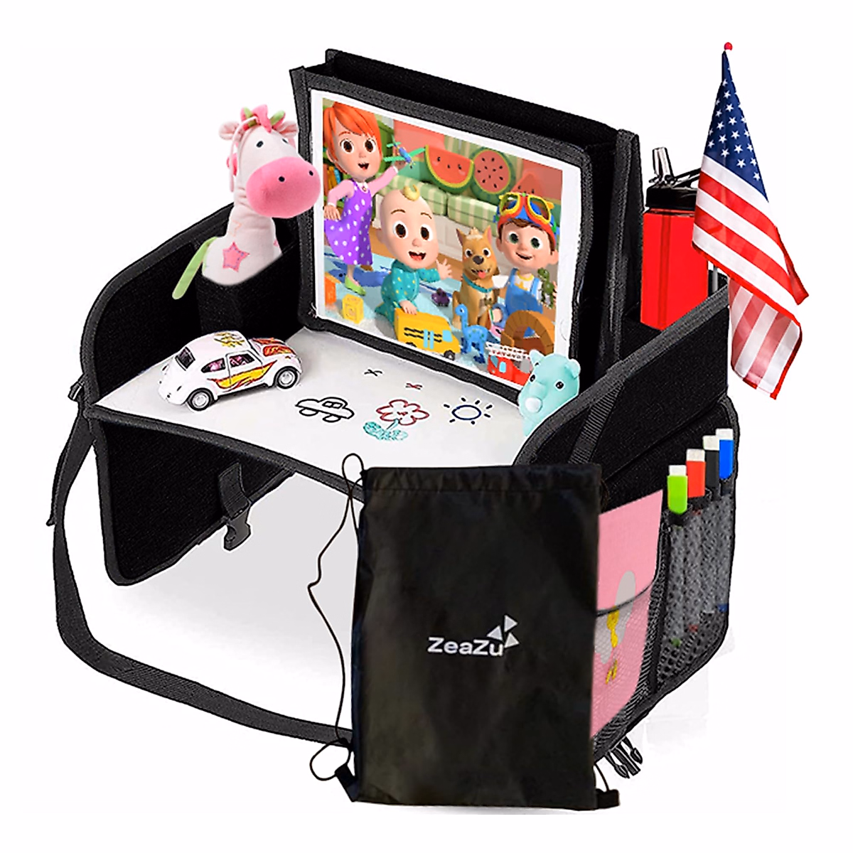 Kids Travel Tray with Bag - Toddler Car Seat Tray, Foldable Lap Travel Table Desk with iPad Holder, Drawing Board, Storage Pocket Organizer for Child Road Trip, Car Stroller, Airplane - Pink