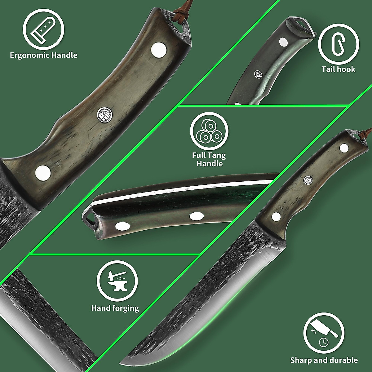 FULLHI Butcher Knife Set, 11pcs Hand Forged butcher knife Boning Knife With Sheath High Carbon Steel Carving Knife Fish Knife Chef Knife For Kitchen, Camping, BBQ