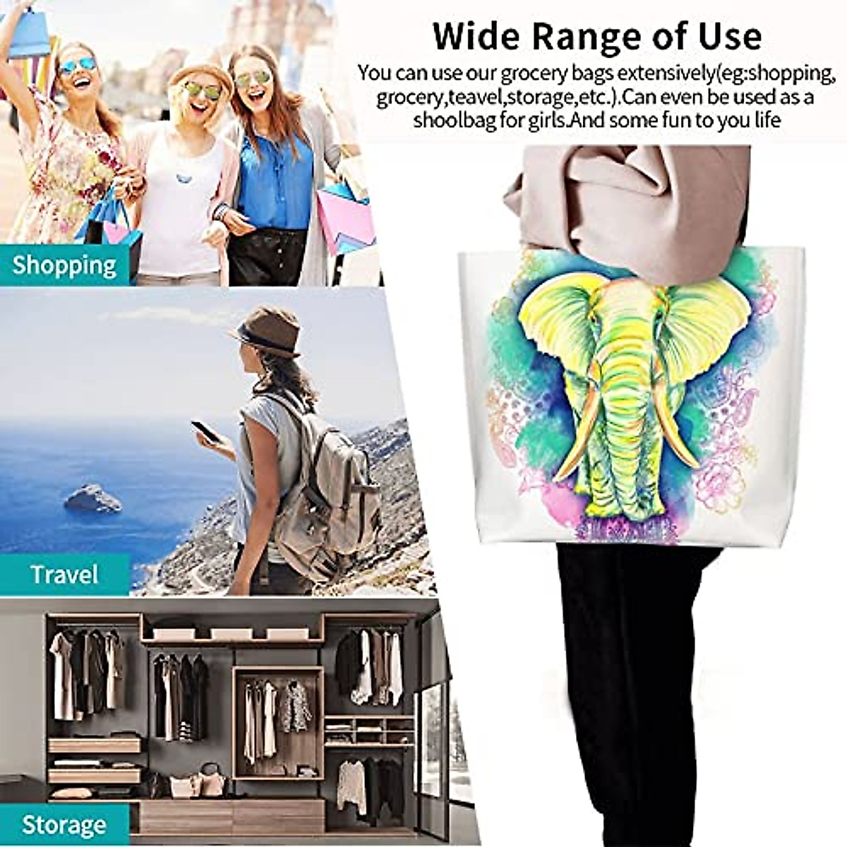 AuHomea Green Elephants Reusable Grocery Bags Big Capacity Shopping Bag Canvas Shoulder Tote Handbag For Women Girls