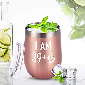39 Plus One Middle Finger Wine Tumbler, 40th Birthday Gifts for Women Men, Wine Tumbler with Saying Funny Gifts Idea for Wife Mom Friends Coworkers, 12 Oz Insulated Wine Tumbler Glasses, Rose Gold