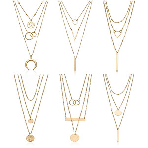 Biokia 6 Pieces Layered Necklaces For Women Long Necklaces Gold Choker Necklaces Map Coin Bar Crescent Moon Necklace Layered Y Pendant Necklace Multilayer
