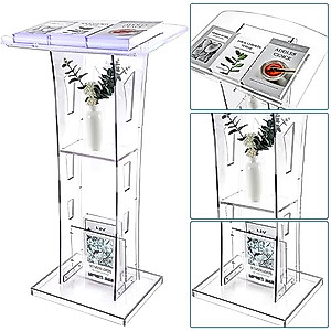 Acrylic Podium Stand with Led Light, Clear Podium with Storage Shelf, Portable Lecterns Pulpit for Church Wedding Classroom Conference Floor Standing Style, Slanted Top