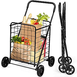 Goplus Shopping Carts for Groceries, Heavy Duty Folding Shopping Cart with Wheels, Portable Collapsible Grocery Cart, Light Weight Foldable Utility Cart for Laundry
