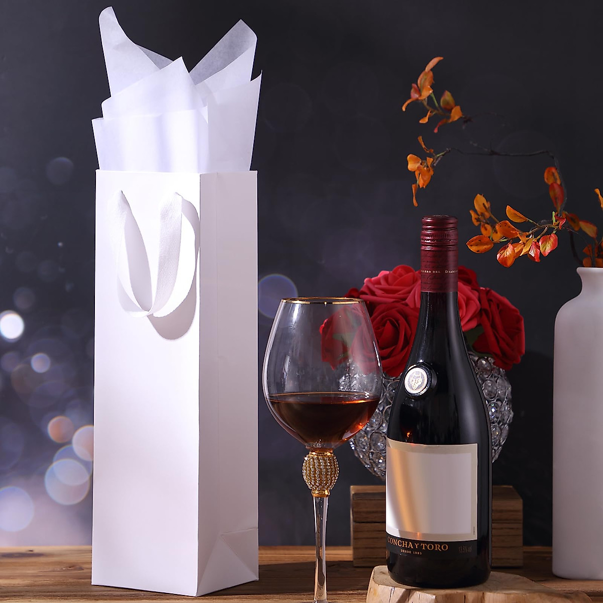 12 Pieces Kraft Wine Bag Paper Wine Bag Wine Bottle Bag Holder with Handles with Kraft Tissue Paper Retail Wine Bag for Christmas Holiday Celebrations Wedding, 4 x 3.5 x 14 Inch(White)