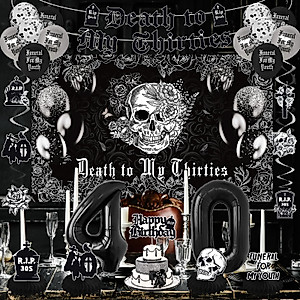 Crenics Death to My 30s Decorations - Death to My Thirties Backdrop, Banner, Honeycomb, Sash, Hanging Swirls, Cake Topper and Balloons for 40th Birthday Party Decorations for Women or Men