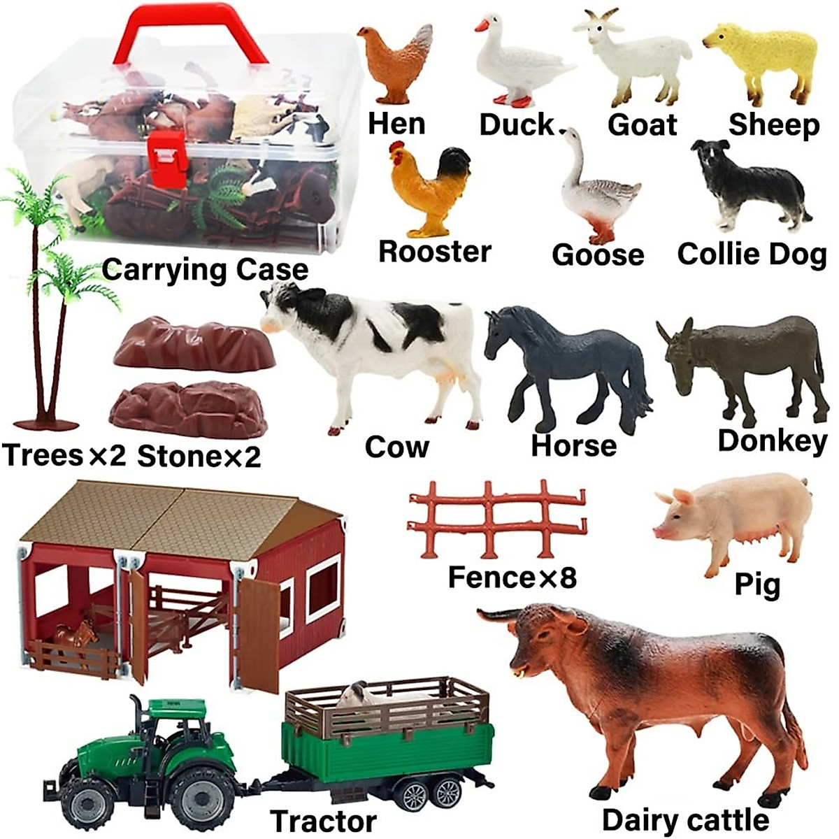 BOLZRA Mini Barn Farm Toys Playset, 66PCS Plastic Animals Figurines and Fence Farm Playset, Farm Figures Farmer Vehicle Toy Truck with Trailer for 3-12 Years Old Kids Boys Girls Toddlers
