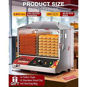 WantJoin Hot Dog Steamer Machine, 36L/38QT Electric Hot Dog Steamer with Bun Warmer, Stainless Steel Hot Dog Cabinet with Tempered Glass for 110-125 Sausages & 40-45 Buns,1200W