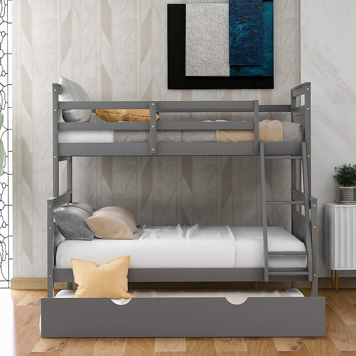 Merax Twin over Full Wood Bunk Bed with Trundle and Safety Guardrail for Teens, Guests，No Box Spring Needed, Gray