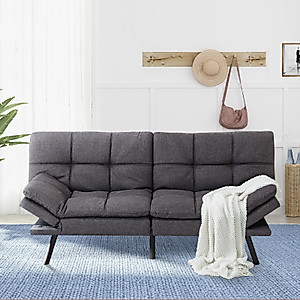MUUEGM Futon Sofa Bed Couch, Memory Foam Futon Convertible Sofa Bed, 71″Fabric Futon with Convertible Backrest, Modern Loveseat Sofa, Sleeper Couch for Compact Space, Apartment, Living Room, Dark Grey