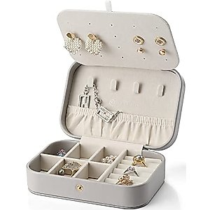 Vlando Small Jewelry Box, Travel Jewelry Organizer Case for Earrings Necklace Ring, Double Layer Portable Travel Jewelry Organizer for Women Girls, Vintage Birthday Gift, Grey