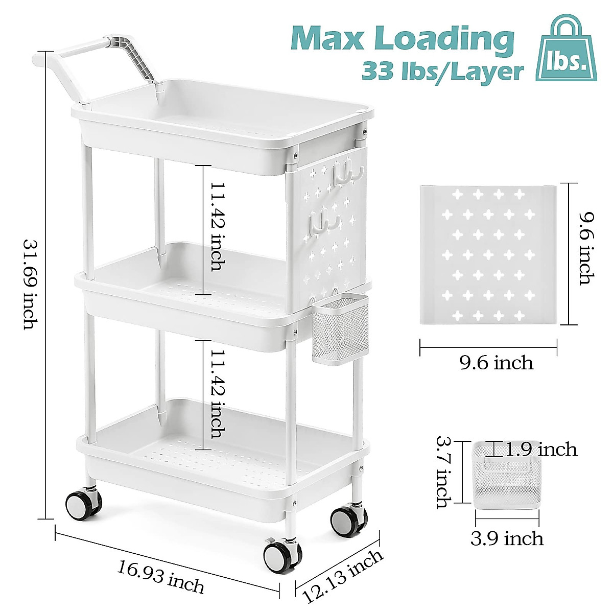 KINGRACK 3-Tier Rolling Cart, Utility Storage Cart with DIY Pegboards, Art Craft Trolley, Organizer Serving Cart, Storage Trolley cart for Home, Kitchen, Bedroom, Office, White