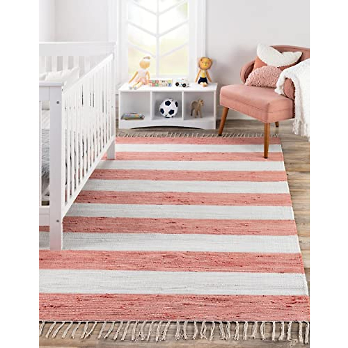 Unique Loom Chindi Rag Collection Area Rug - Striped (4' 1" x 6' 1" Rectangle, Coral and Ivory)