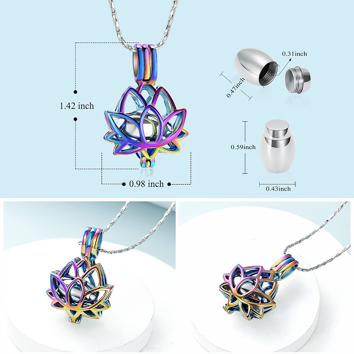 Imrsanl Cremation Jewelry for Ashes - Lotus Flower Ashes Pendant Necklace with Mini Keepsake Urn Memorial Ash Jewelry （Colorful-Silver)