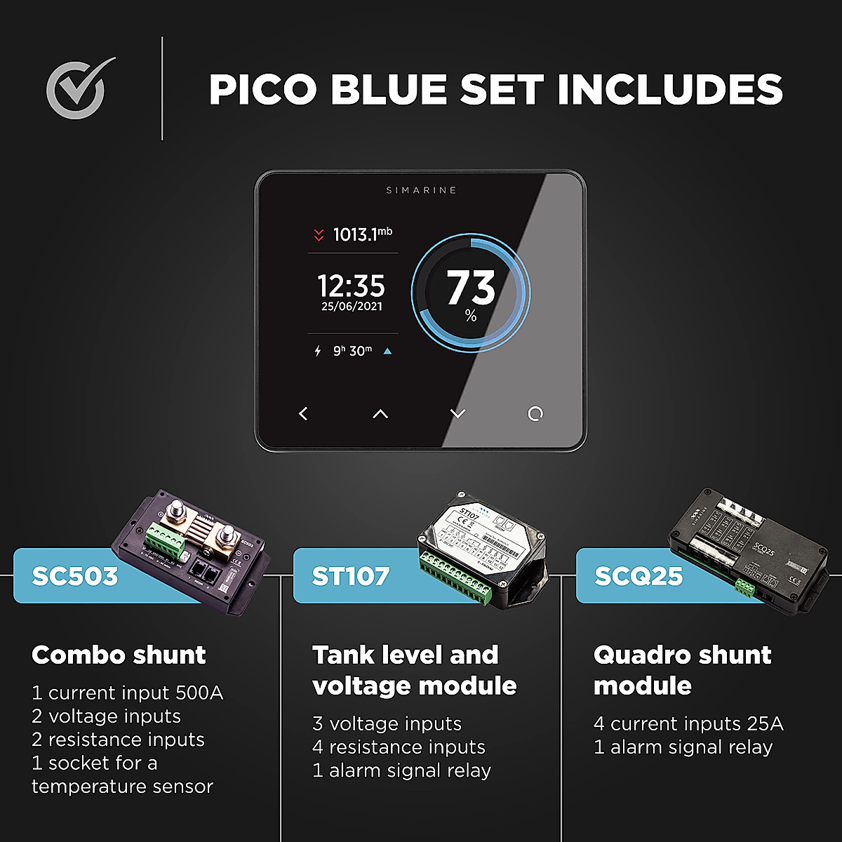 Simarine Pico Blue Battery Monitor System Set, Multi-Voltage, Lead Acid & Lithium Battery Compatible, Tank Monitoring, Shunt 500 A (Bezel, Silver S)