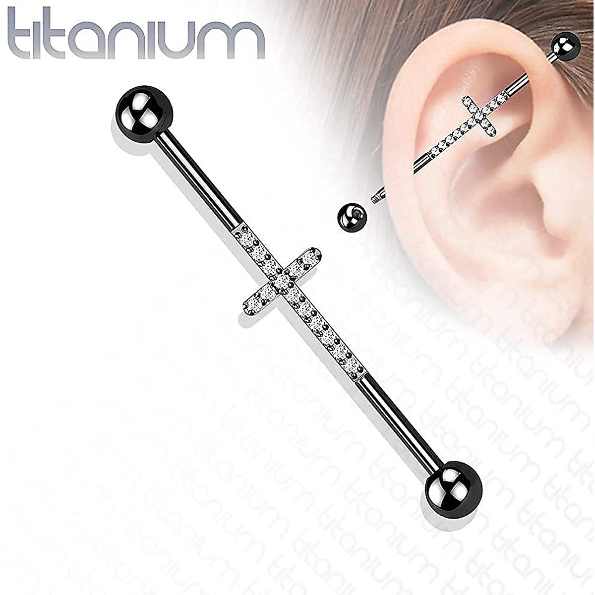 Titanium Industrial Barbell with Cross CNC Set Lined CZ (Black/Clear)