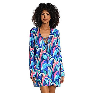 La Blanca Women's Lace Up Tunic Swimsuit Cover Up, Multi//Painted Leaves, XL