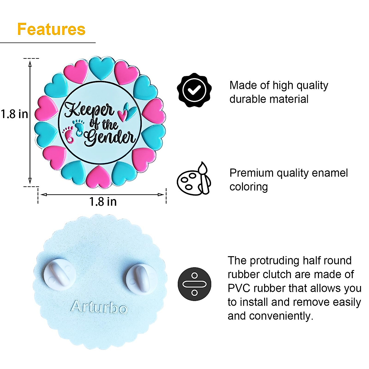 Arturbo Keeper of the Gender Reveal Button Badges Baby Feet Hearts Enamel Lapel Pins Brooch for Baby Shower Gender Reveal Party Favors Gifts Decoration