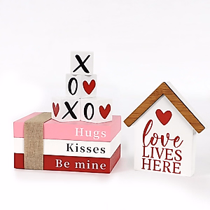 DAZONGE Valentines Day Decor, 6PCS Valentine Tiered Tray Decor, Be Mine Book Stack, XOXO, Love Lives Here House Valentine Signs, Freestanding Valentines Table Decorations for Wedding, Anniversary Events