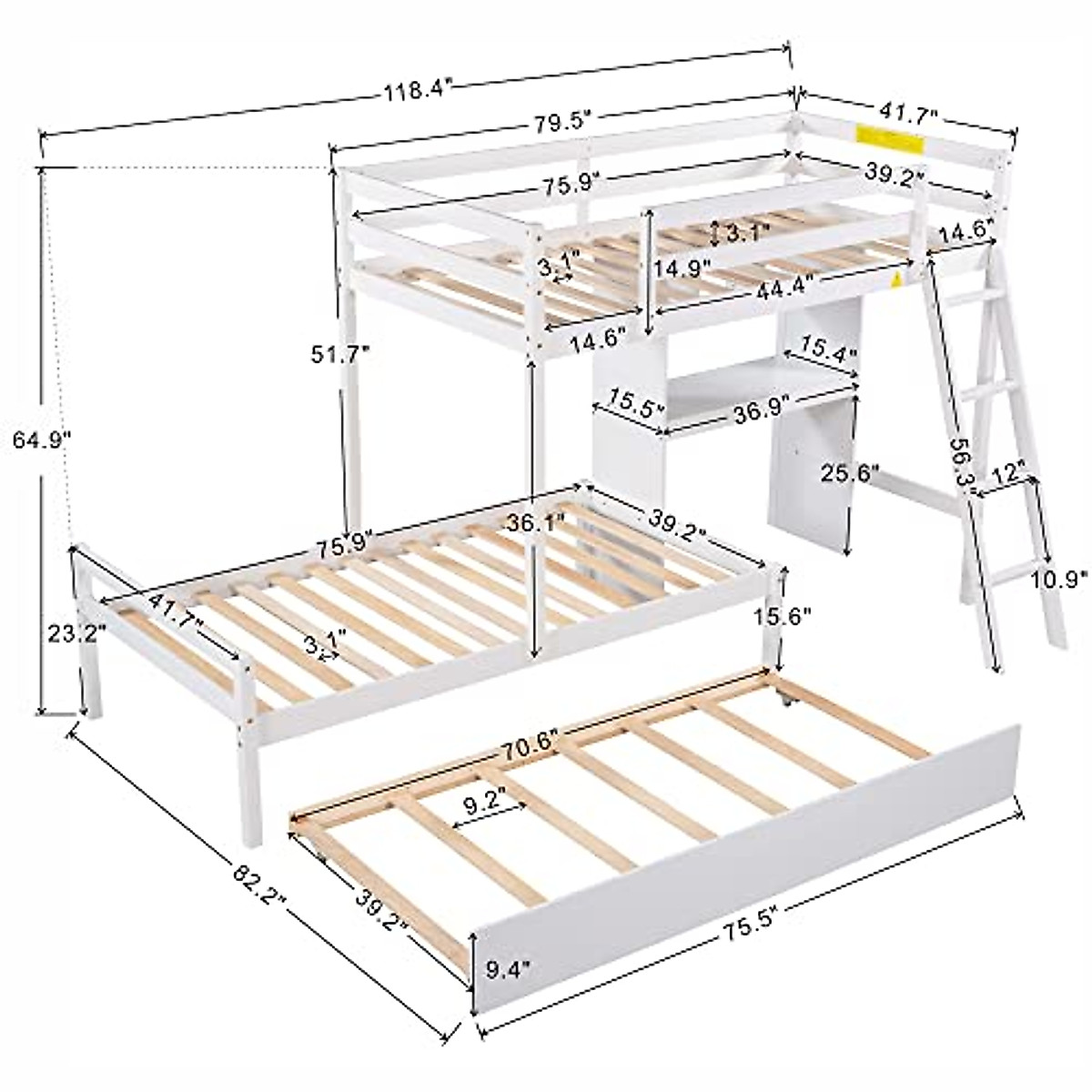 MOEO Twin Over Twin Bunk Bed with Trundle and Ladder for Kids, Adults, Wooden Bunkbed Frame w/Convertible Built-in Desk & Down Bed, Save Space, No Box Spring Required, White
