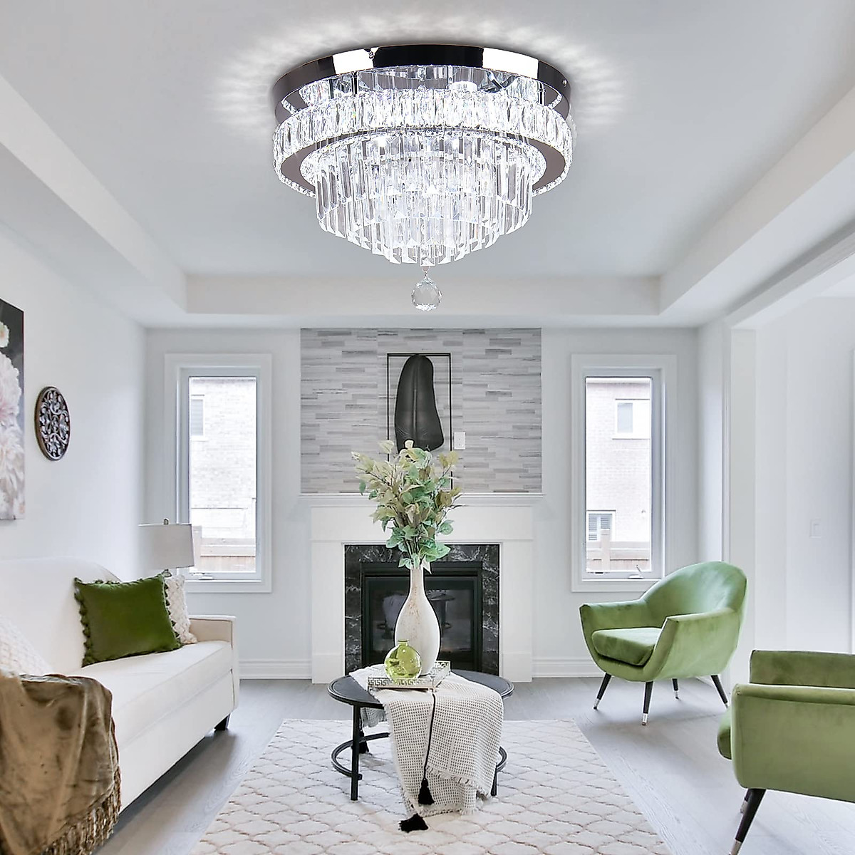 FRIXCHUR 15.7" Crystal Chandelier LED Modern Ceiling Light Fixture Round Raindrop 5 Tier Chandeliers for Dining Room Bedroom Living Room, 6500 K