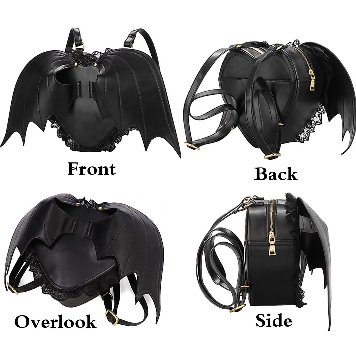 Rullar Punk Women Backpack Victorian Wings PU Daypack Rucksack Purse Gothic Lace Shoulder Bag Black