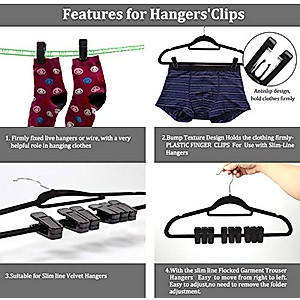FLOLATIDIA Standard Hanger Clips,Clothes Pins Plastic Finger Clips for Flocked Garment Trouser Slim-line Velvet Hanger-Removable (Black, 20)